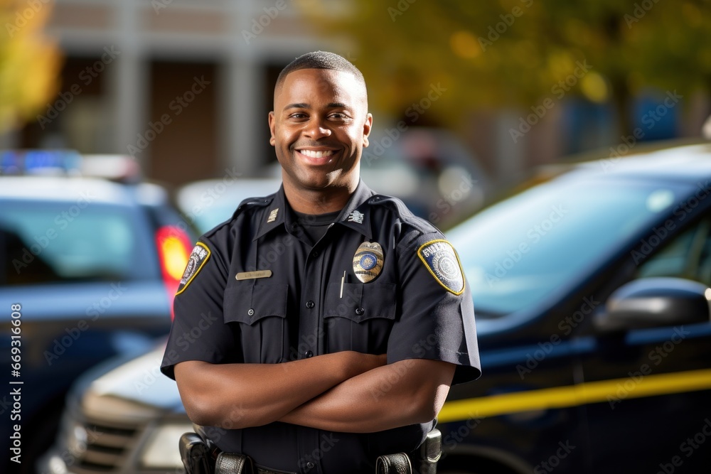 Black African American Police officer smile face portrait on city ...