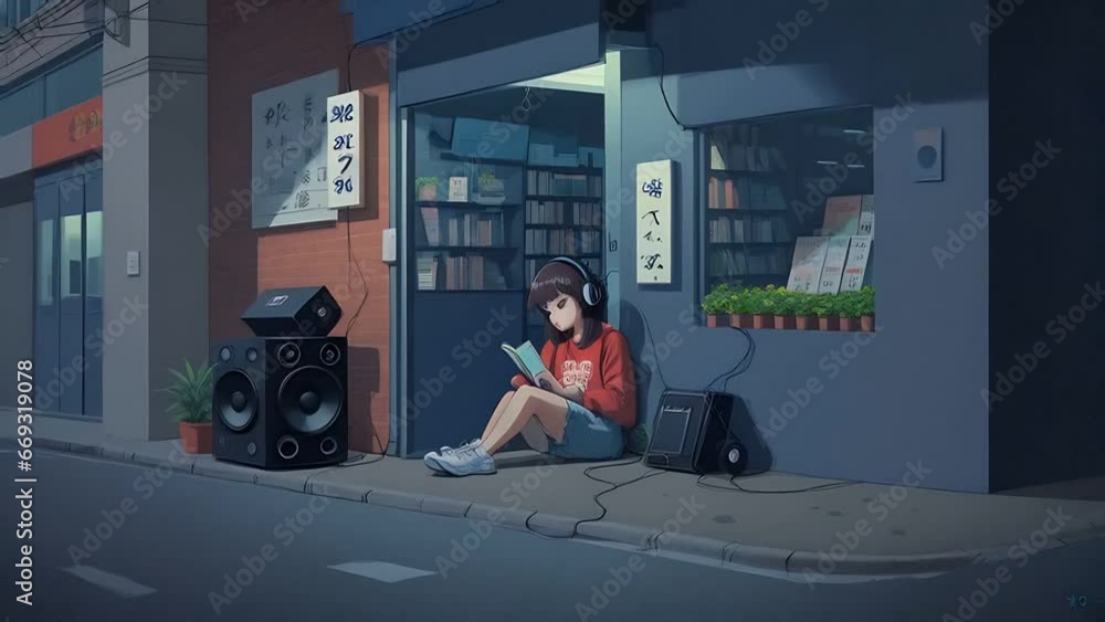 Cartoon young style girl studying while listening to music in the ...