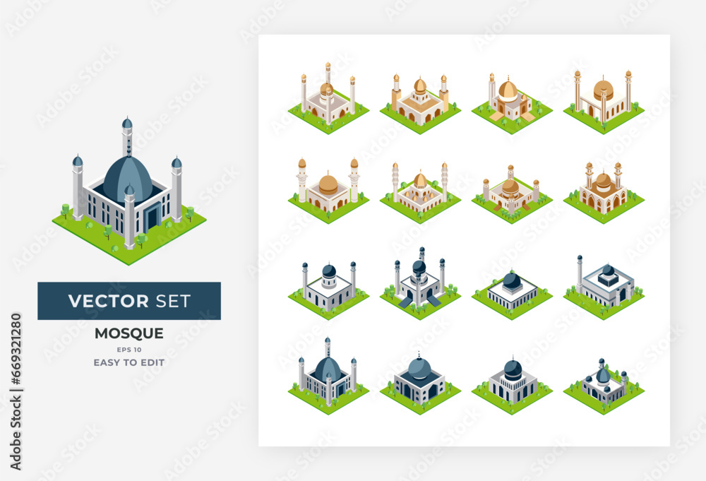 Beautiful mosque isometric set elements. Vector collection of modern ...