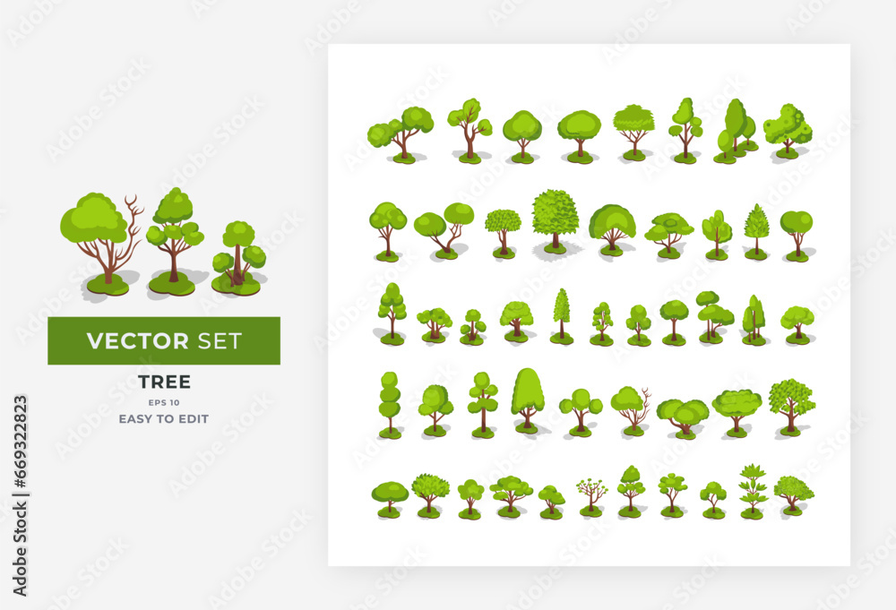 Tree isometric set elements. Vector collection of modern trees, plants ...