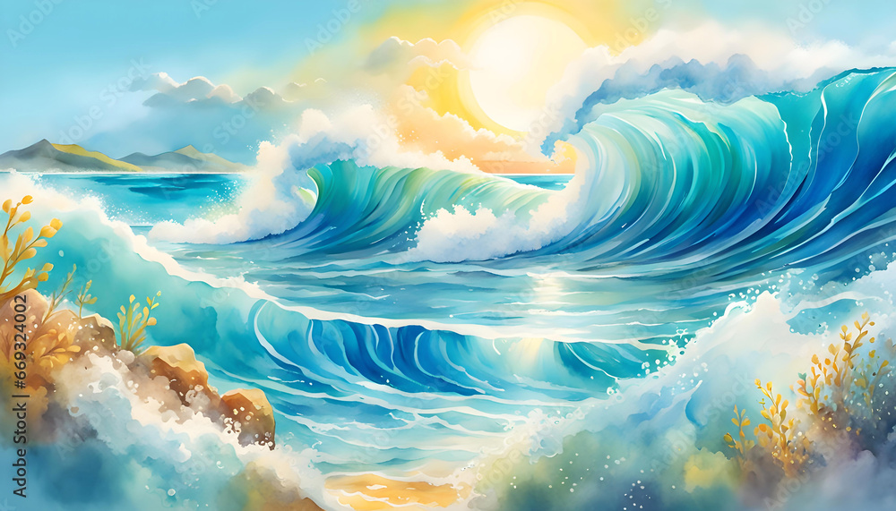 watercolor cartoon illustration, transparent ocean water, travel ...