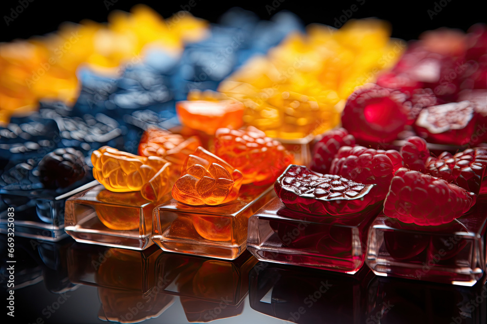 CBG Gummies. many different colored candis on a black surface with ...