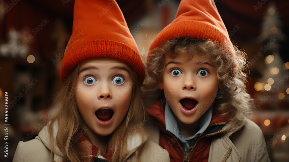 Two kids are wearing Christmas attire and stocking caps and are blown ...