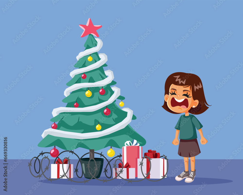 Sad Little Girl Crying Near the Christmas tree Vector Cartoon ...