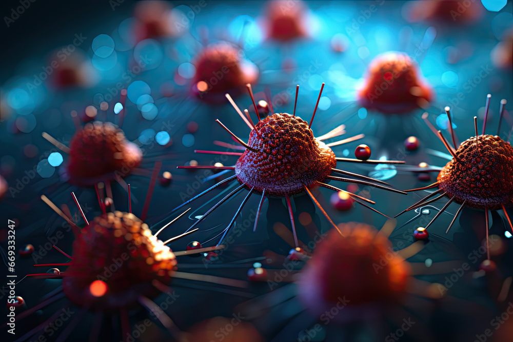 some red and yellow viruses on a black background with blue lights in ...