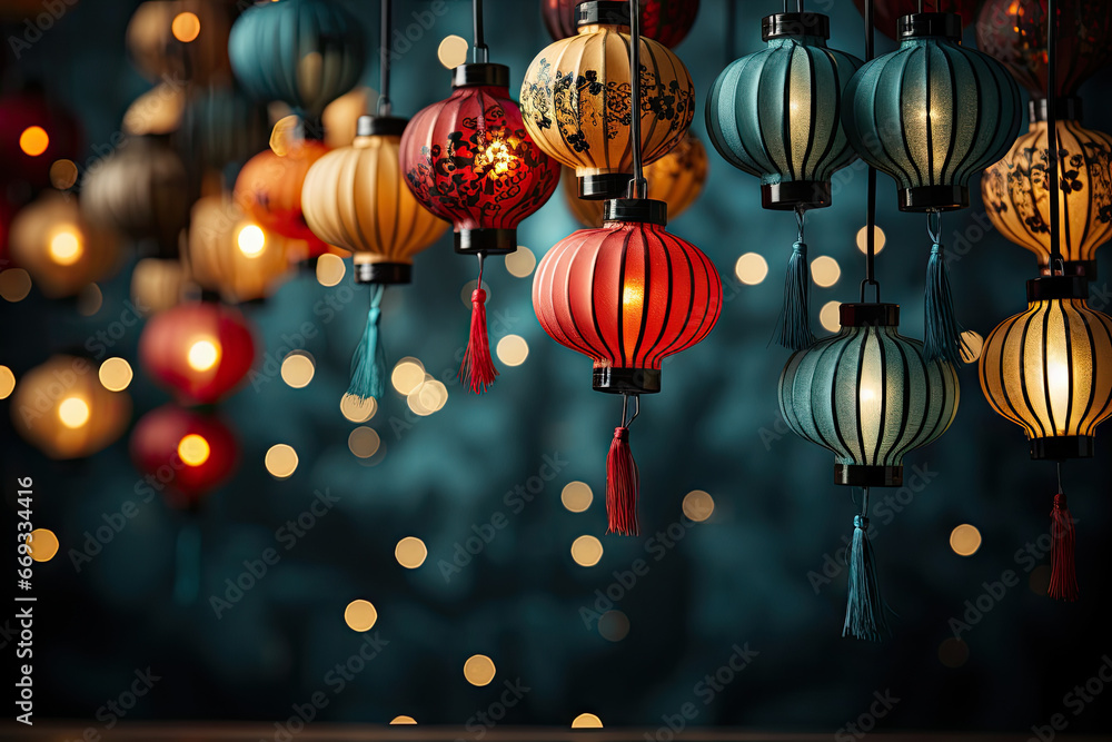 many different colored lanterns hanging from the ceiling in a dark room ...