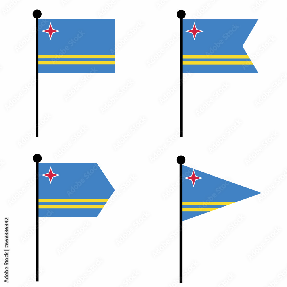 Aruba waving flag icon set in 4 shape versions. Collection of flagpole ...