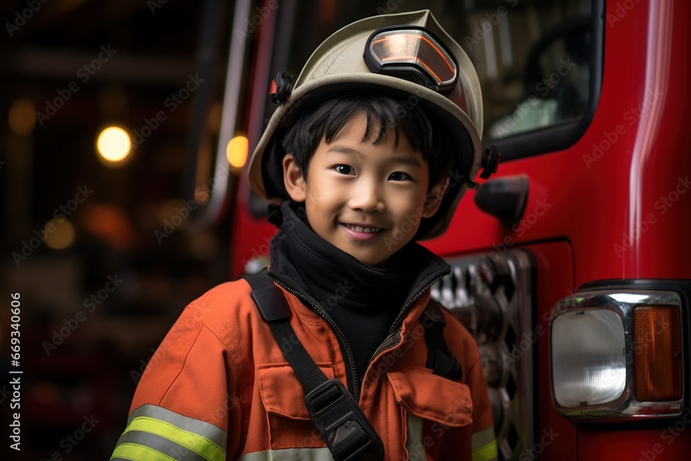 Portrait of cute little boy wearing firefighter uniform in the fire ...
