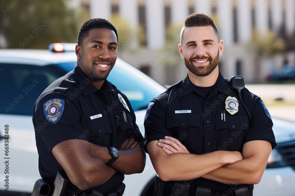 African American police officer and white police officer stand together ...