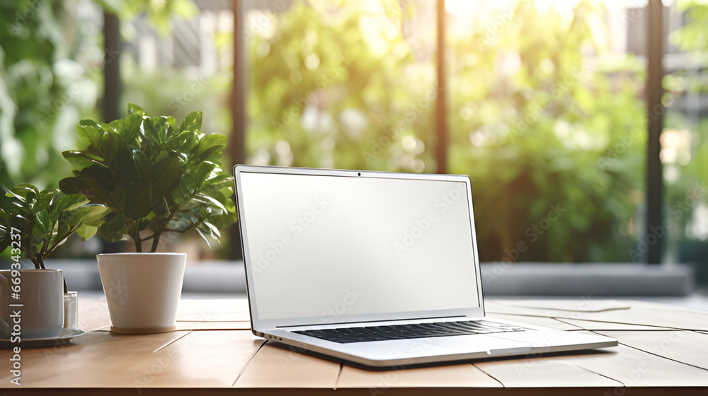 Professional workspace with laptop, desk, and shelves in home office ...