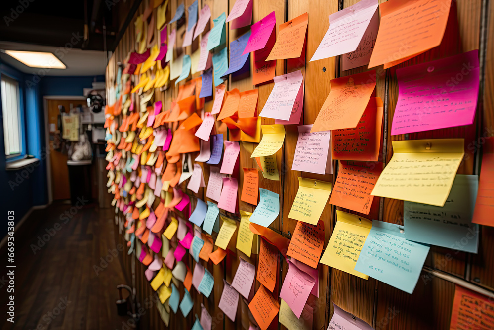 post - it notes on a wall in an office space with wood flooring and ...