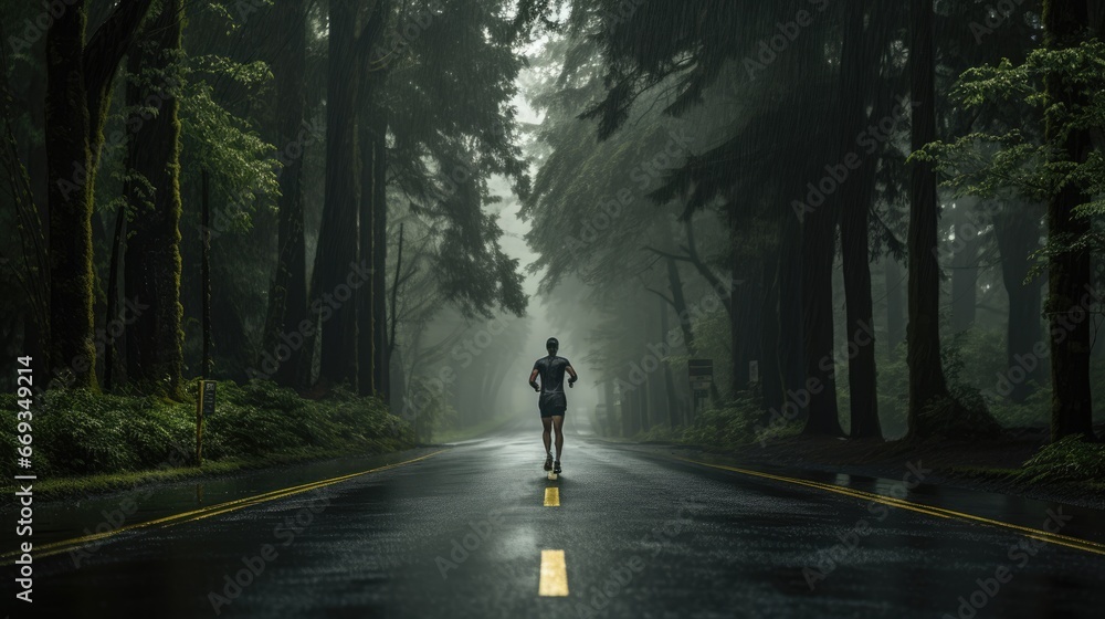 Back view of runner running on a straight road in the middle in rainy ...