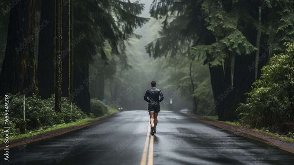 Back view of runner running on a straight road in the middle in rainy ...