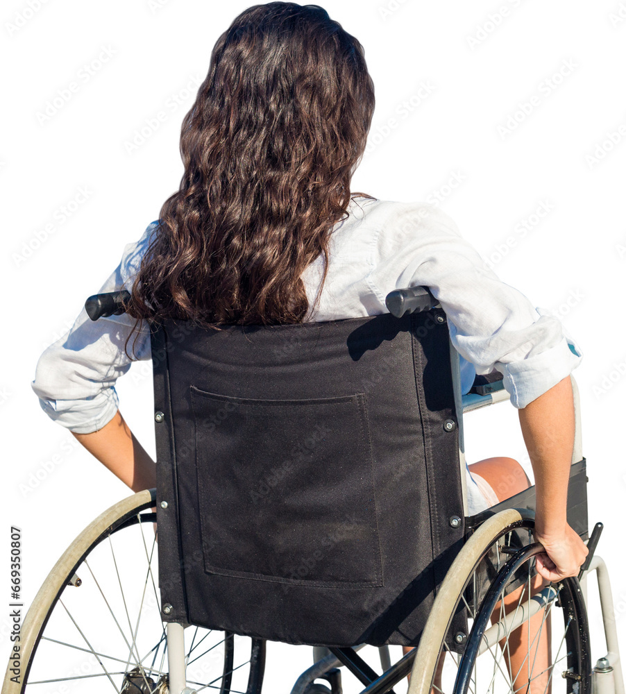 Digital png photo of back view of caucasian woman in wheelchair on ...