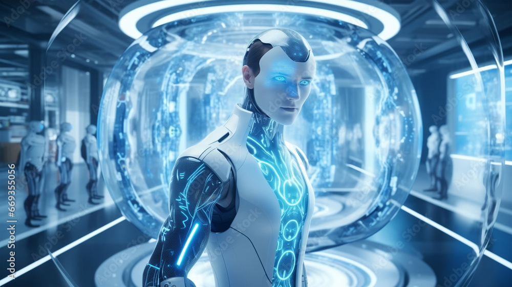 futuristic robot on a sci fi background with blue theme, backdrop or ...