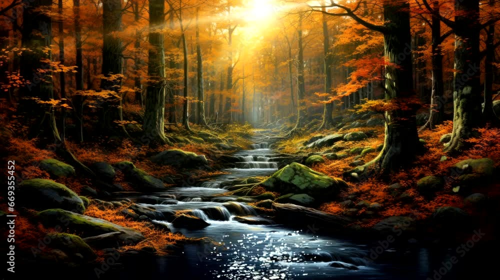 Autumn video background landscape in forest, a stream running through a ...