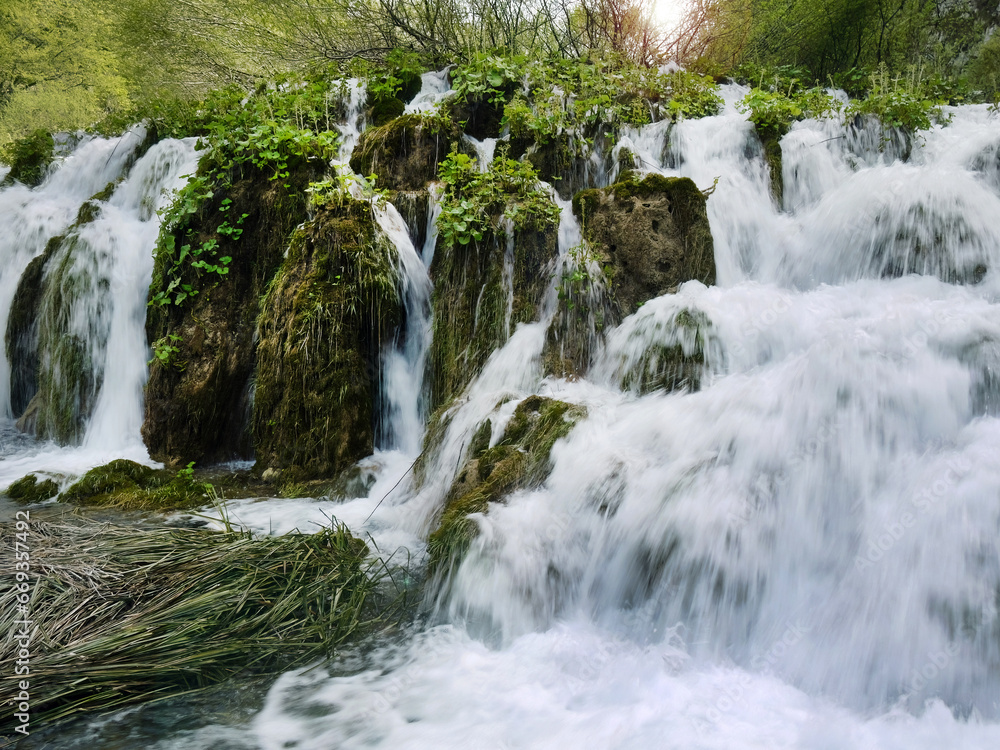 Low shutter speed of beautiful waterfalls, Plitvice lakes national park ...