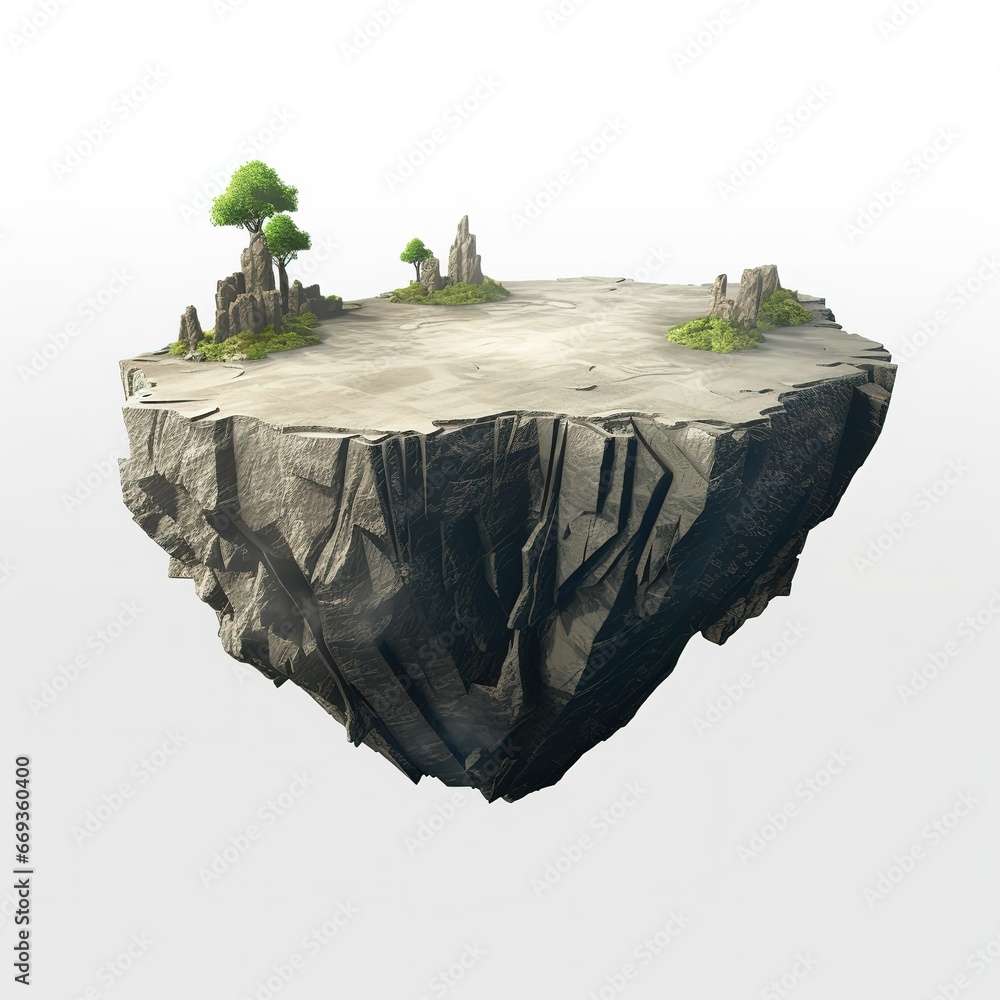 Fantasy floating island with rock surface isolated on white background ...