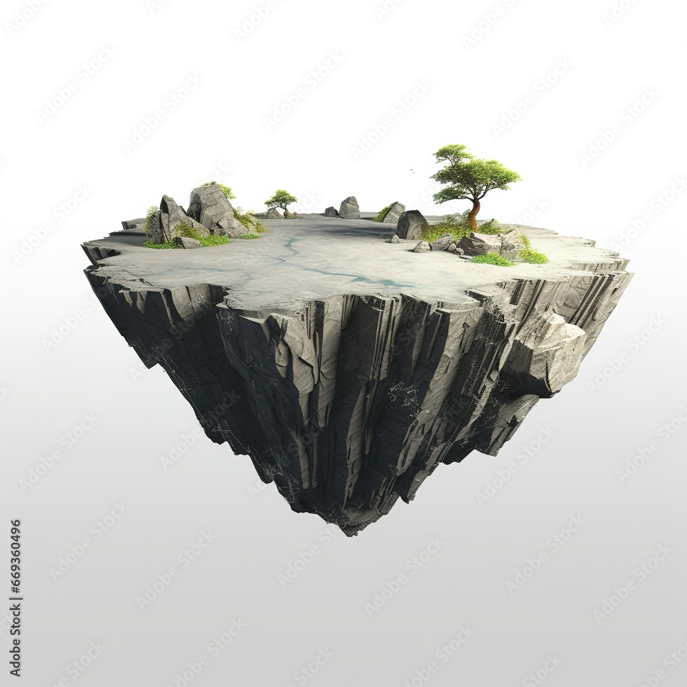 Fantasy floating island with rock surface isolated on white background ...