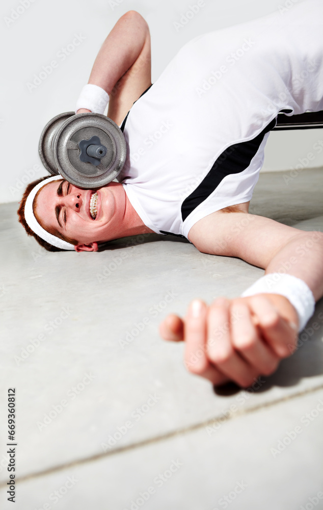 Photo & Art Print Fitness, face and dumbbell with an unlucky man in the ...