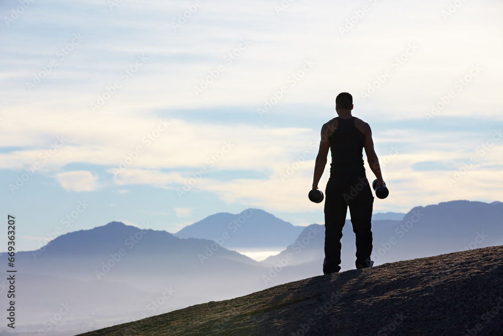 Fitness, weightlifting and back of man with dumbbells on mountain top ...