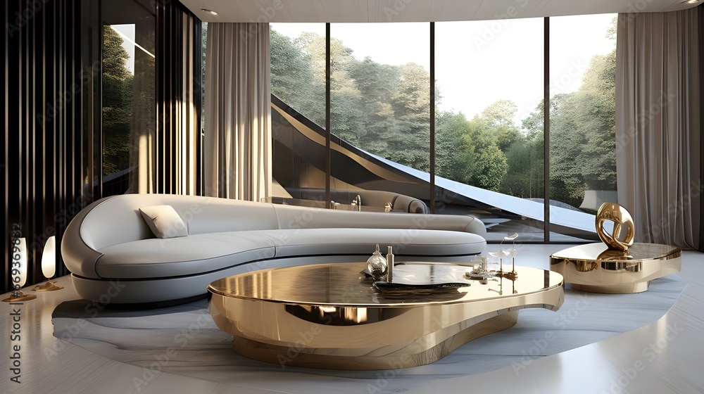 with a white and gold couch, an elegant living room with windows above ...