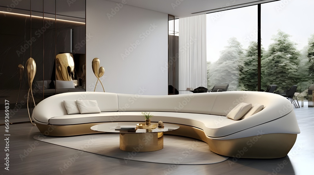 with a white and gold couch, an elegant living room with windows above ...