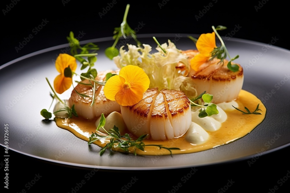 Poster, Foto Generative AI : Delicious pan seared scallops on white ...