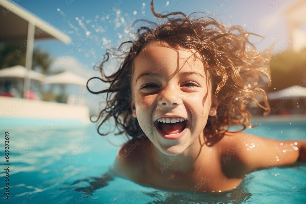 Generative AI : Child in swimming pool. Having fun on vacation at the ...