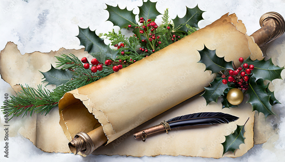 Christmas old fashioned scroll on parchment paper and white background ...