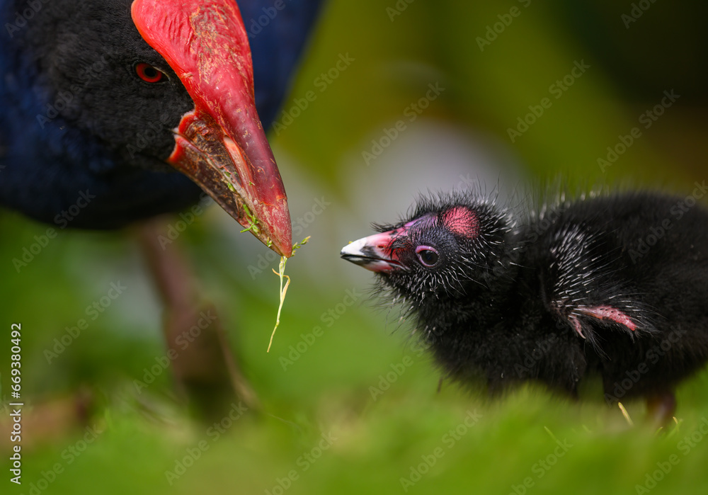 Pukeko bird mother feeding baby pukeko with nature green background ...