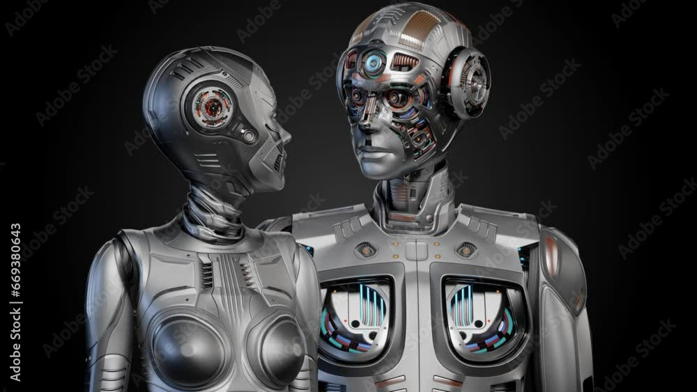 Two detailed futuristic robots looking at each other. Male and female humanoids. 3d rendering ...