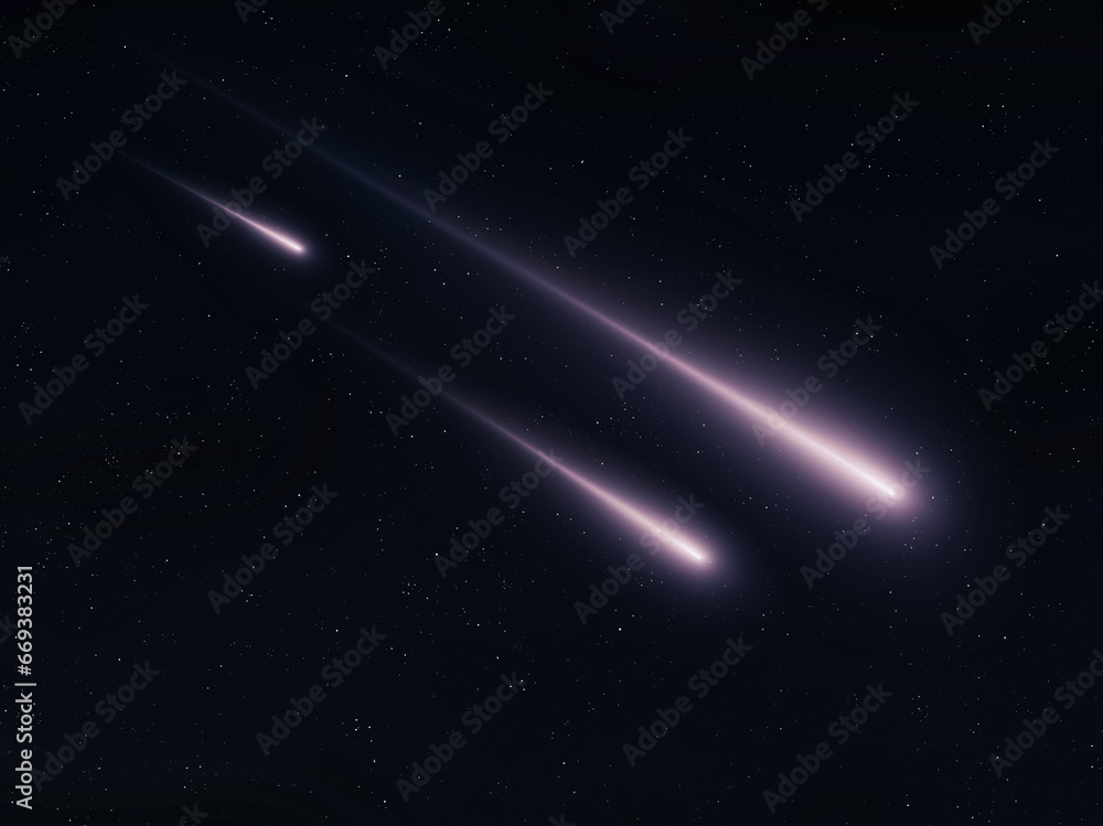 Meteor trails in the sky. Burning meteorites on a black background ...