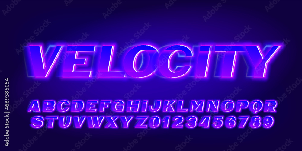 Velocity alphabet font. Glowing neon letters and numbers with a high ...