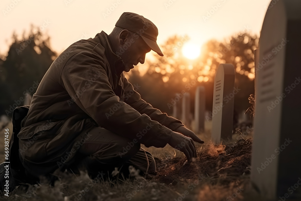 Military man kneeling of grave fallen soldier, sunset. Concept veteran ...