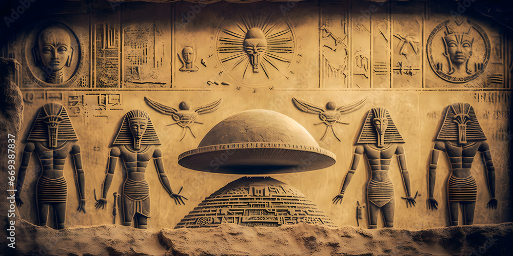 Egyptian hieroglyphs, Egypts people worship aliens UFO flying saucers. Generation AI. Stock イラスト ...