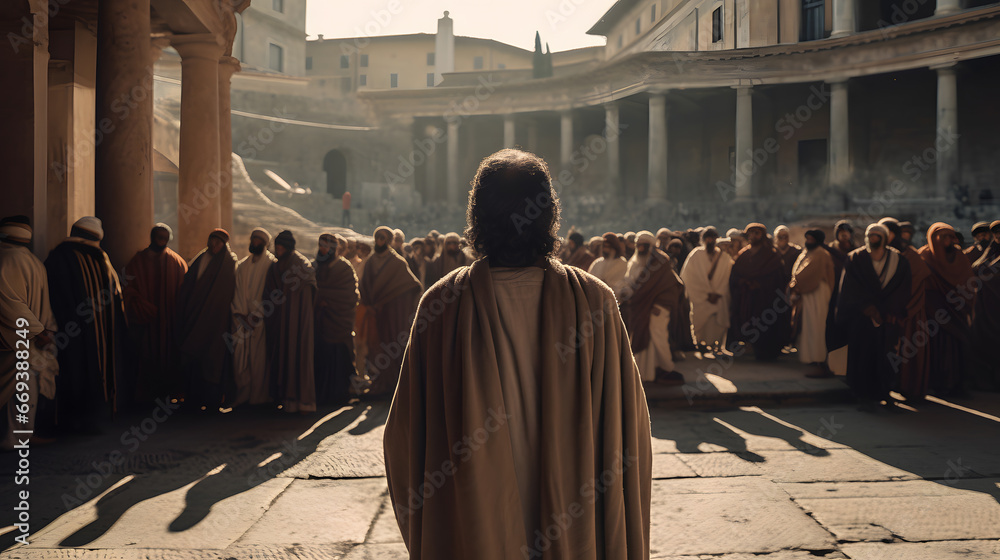 Rear view Jesus preaches to people on streets of Rome. Concept of ...