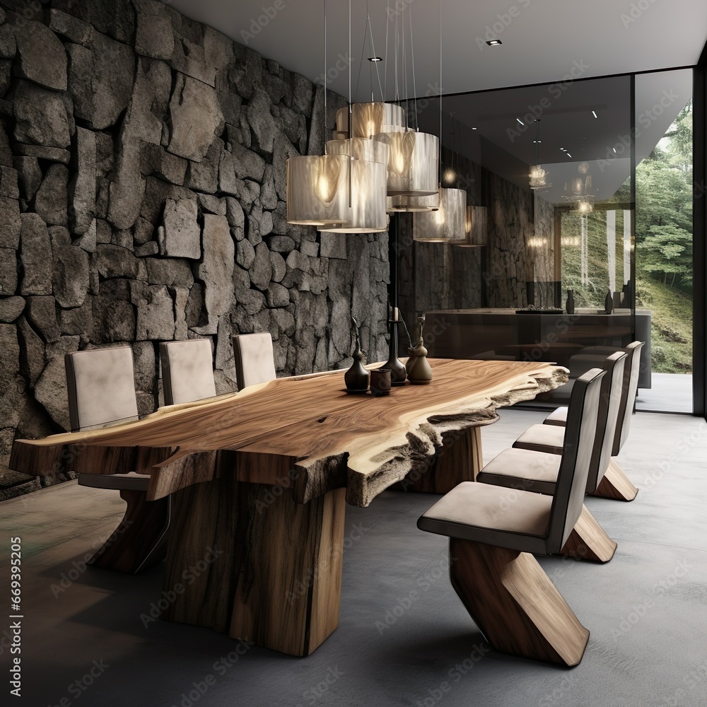Rustic live edge dining table made from wooden slab and logs. Interior ...