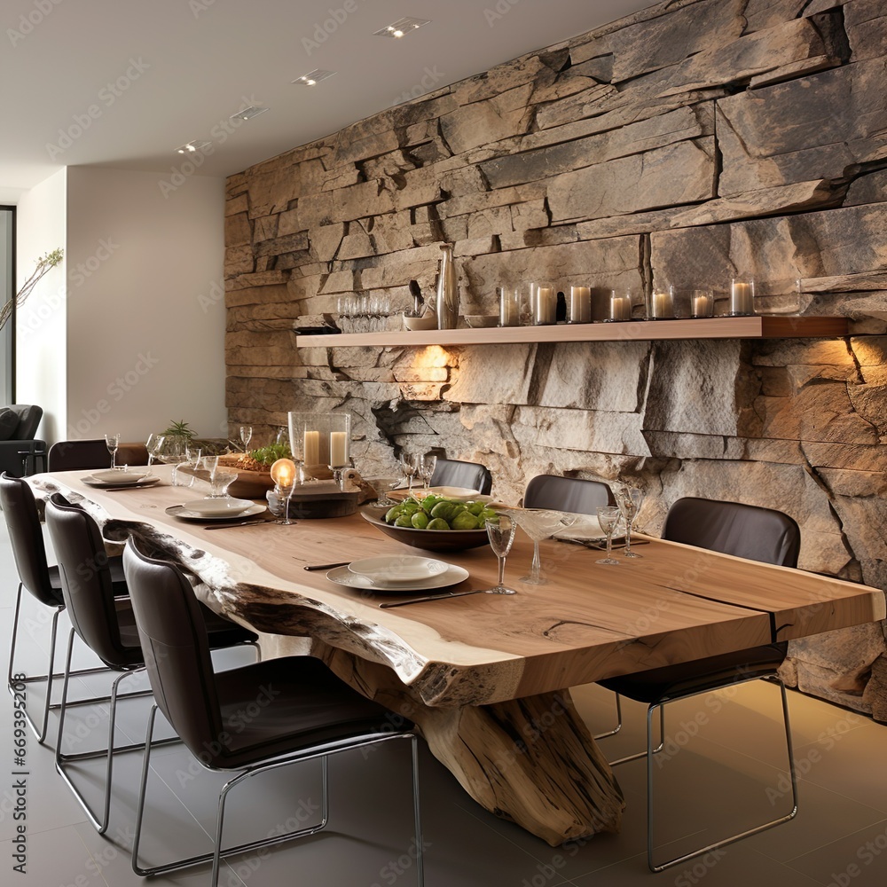 Rustic live edge dining table made from wooden slab and logs. Interior ...