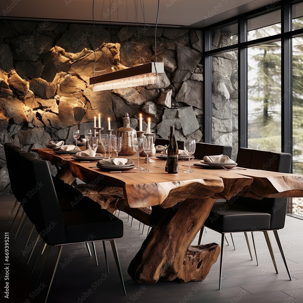 Rustic live edge dining table made from wooden slab and logs. Interior ...