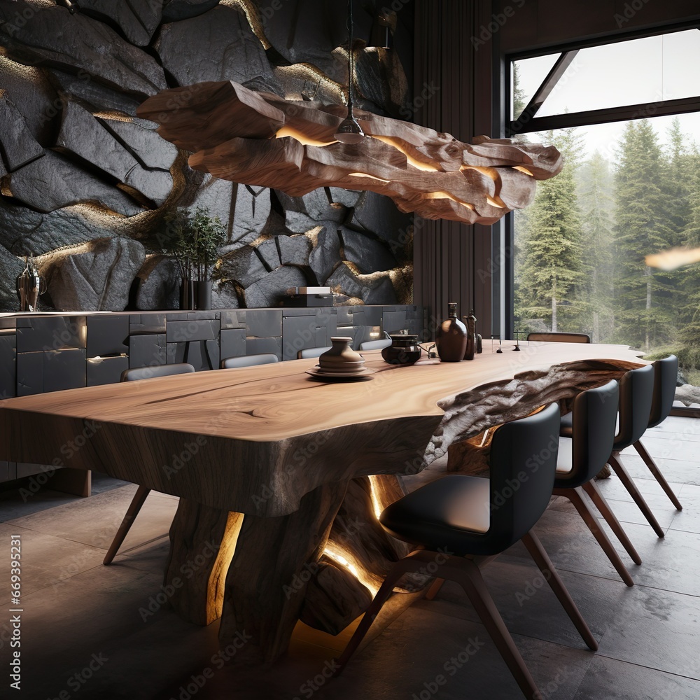 Rustic live edge dining table made from wooden slab and logs. Interior ...