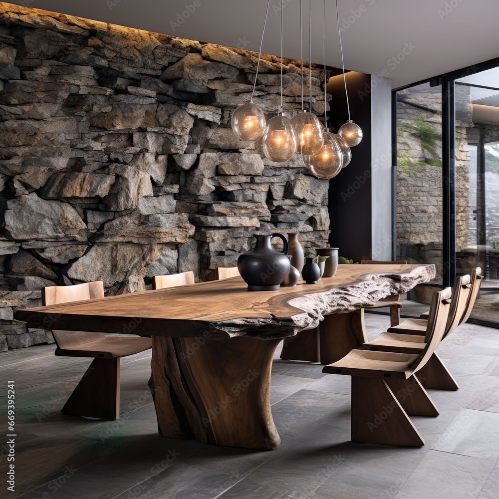 Rustic live edge dining table made from wooden slab and logs. Interior ...