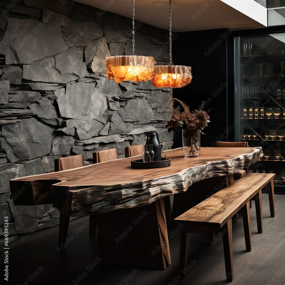 Rustic live edge dining table made from wooden slab and logs. Interior ...