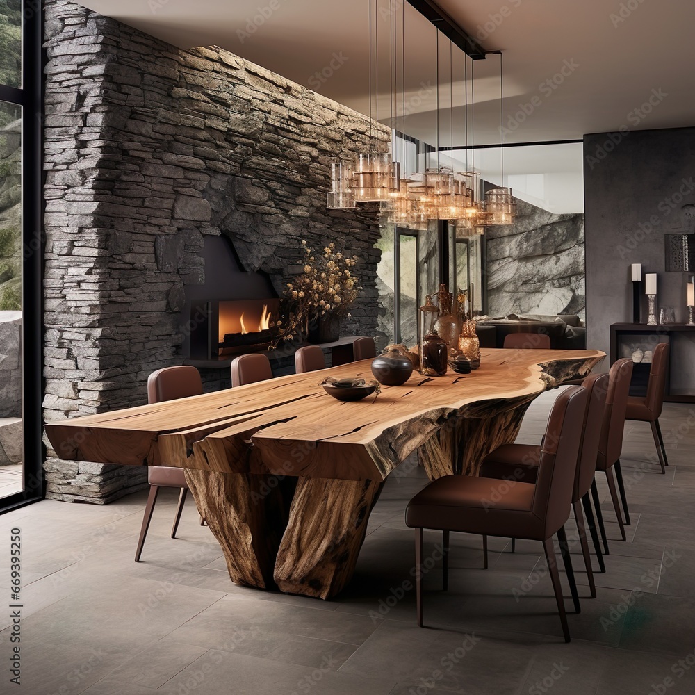 Rustic live edge dining table made from wooden slab and logs. Interior ...