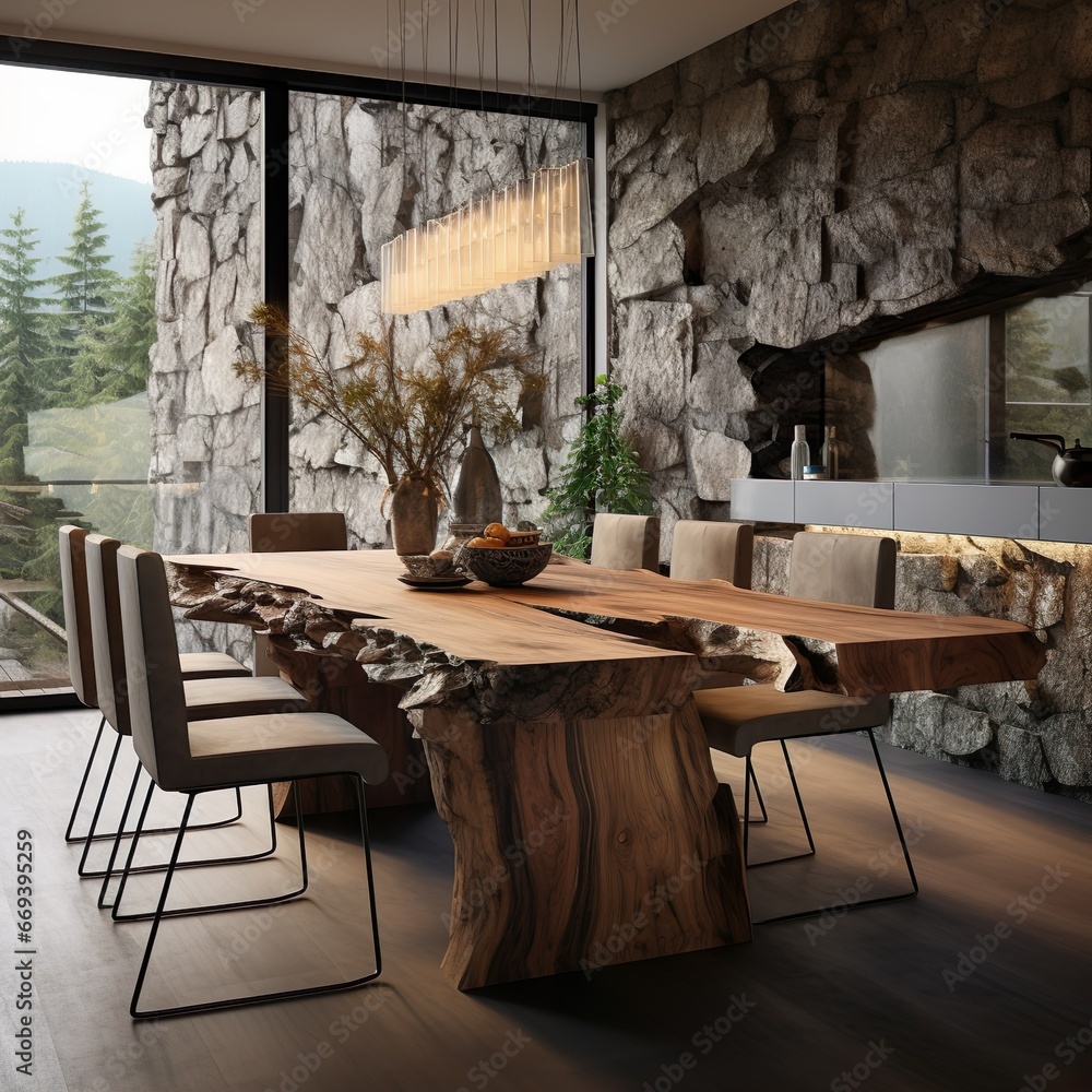 Rustic live edge dining table made from wooden slab and logs. Interior ...