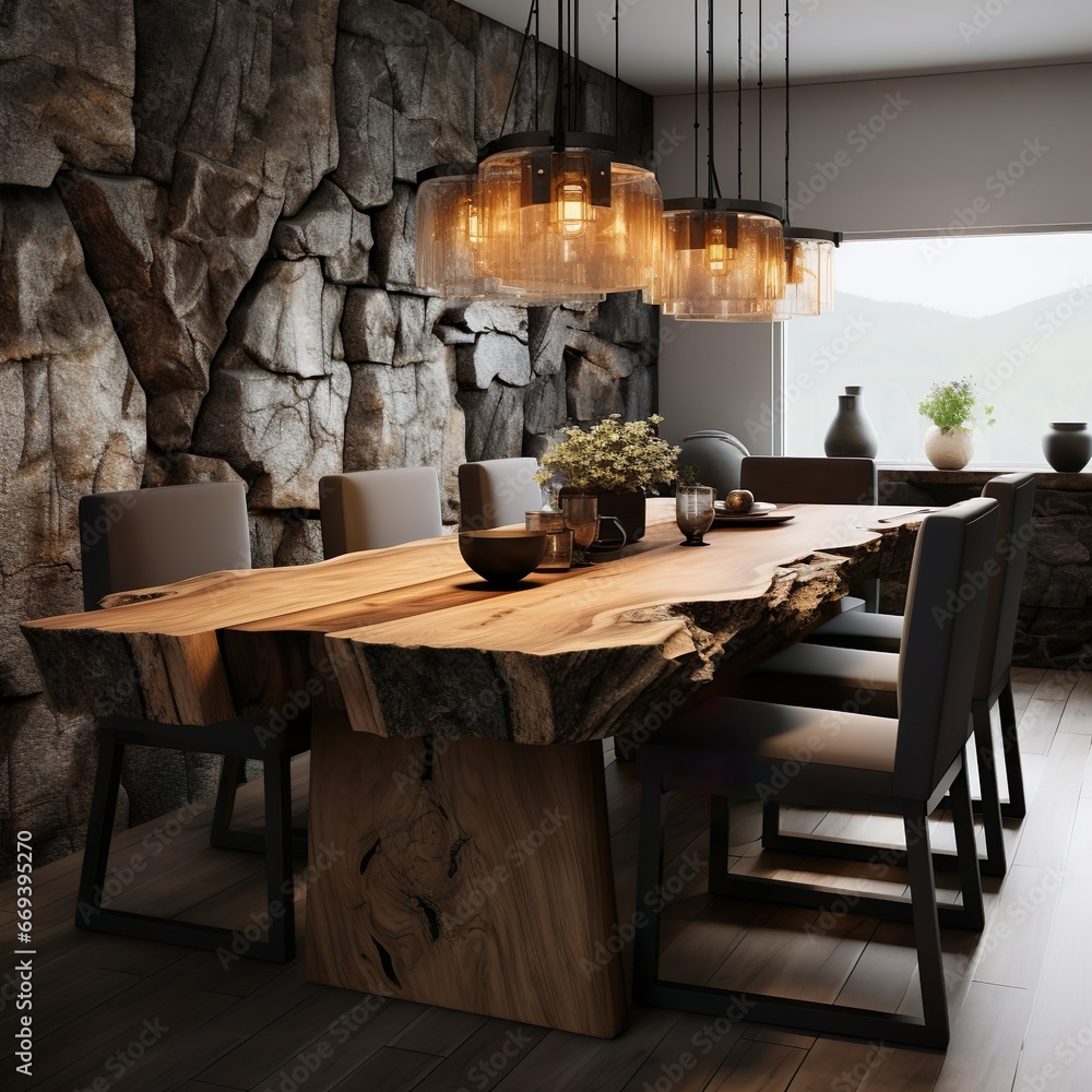 Foto de Rustic live edge dining table made from wooden slab and logs ...