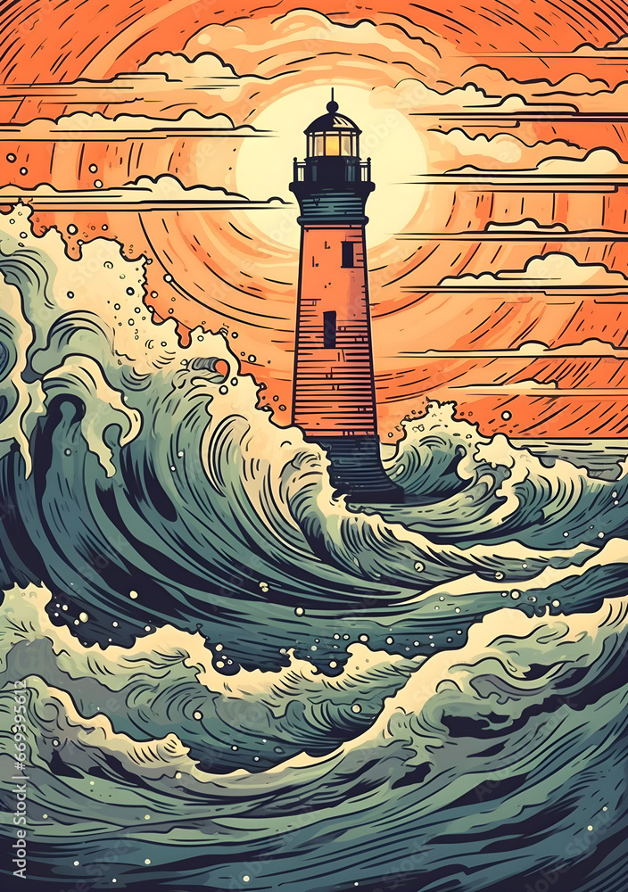 Lighthouse in the night. Illustration of a lighthouse tower overlooking ...