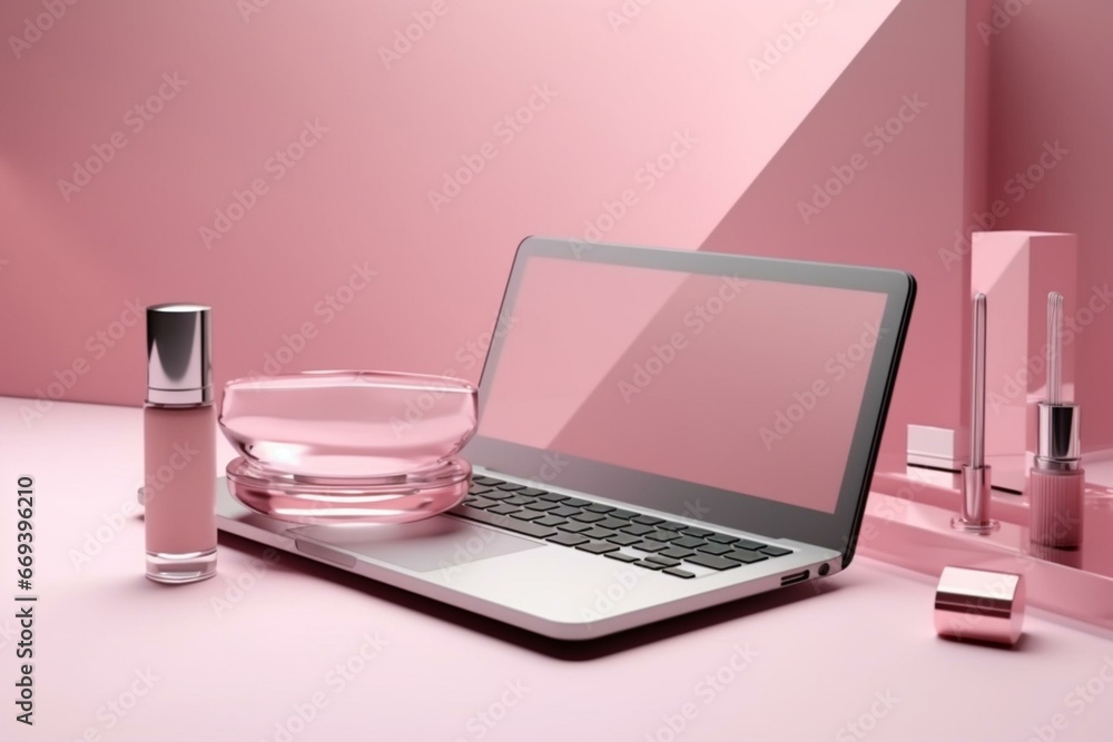 Mockup of a cosmetics webstore site template. 3D illustration of a ...