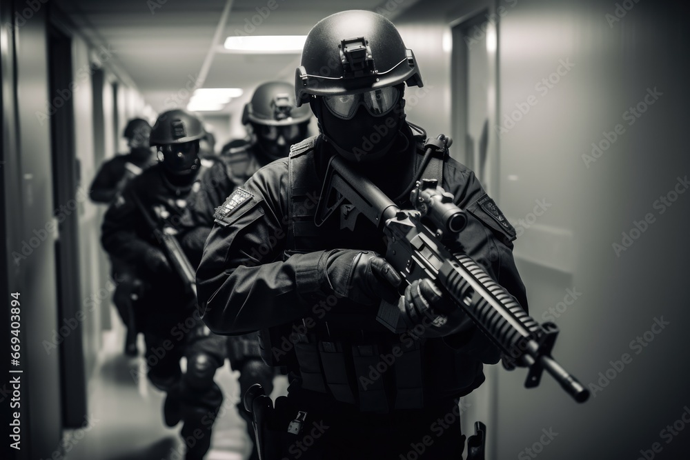 Swat Team Clearing School Corridor During Crisis Situation Stock-Foto ...