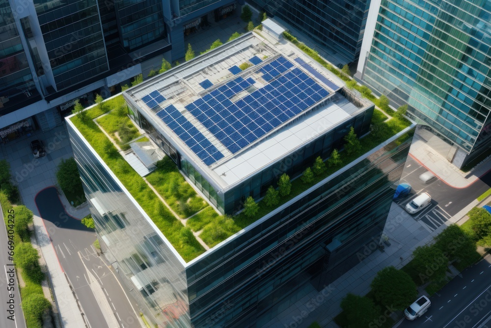 Explore a modern, sustainable glass office building adorned with solar ...